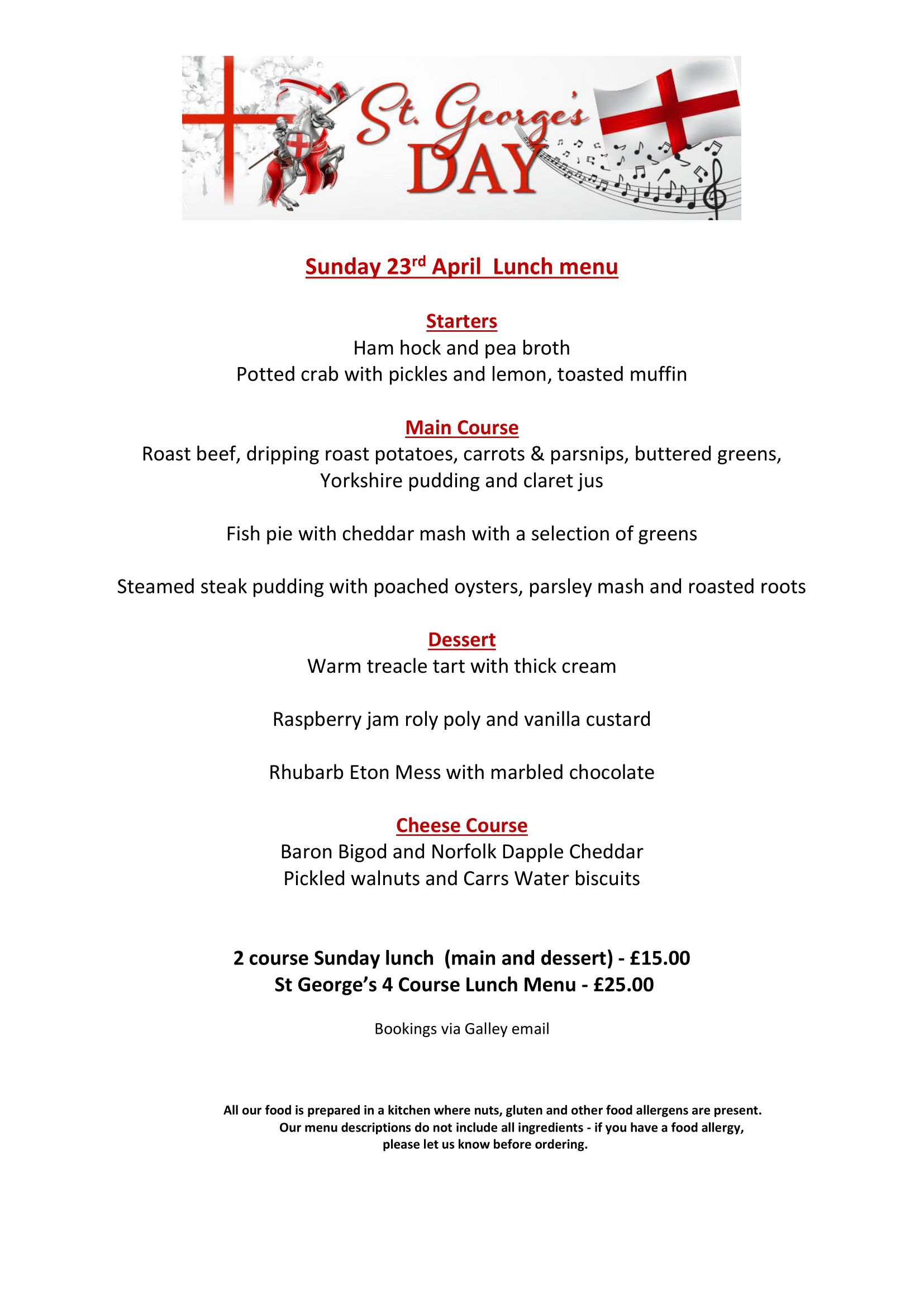 St George's Day Sunday Lunch